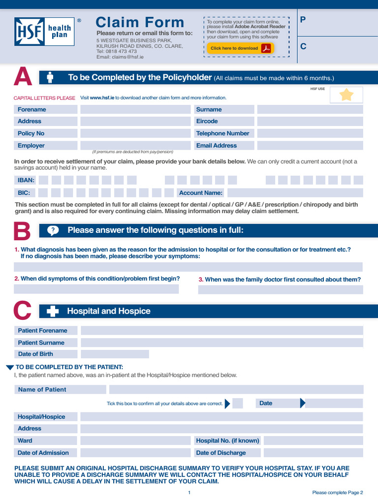 HSF Claim Form Instructions | PDF | Hospital | Patient