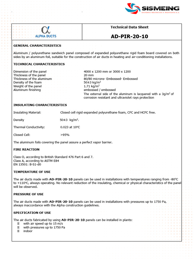 AD-PIR-20-10 Duct Panel Specifications | PDF | Technology & Engineering