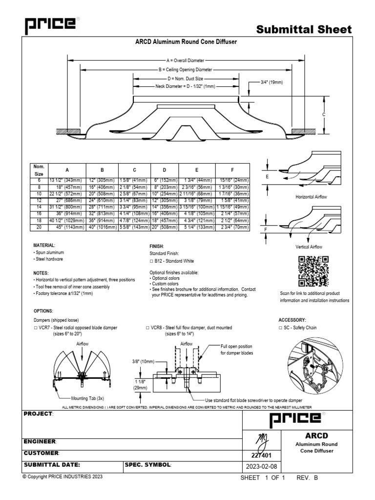 Arcd Aluminum Round Cone Diffuser Submittal | PDF | Duct (Flow)