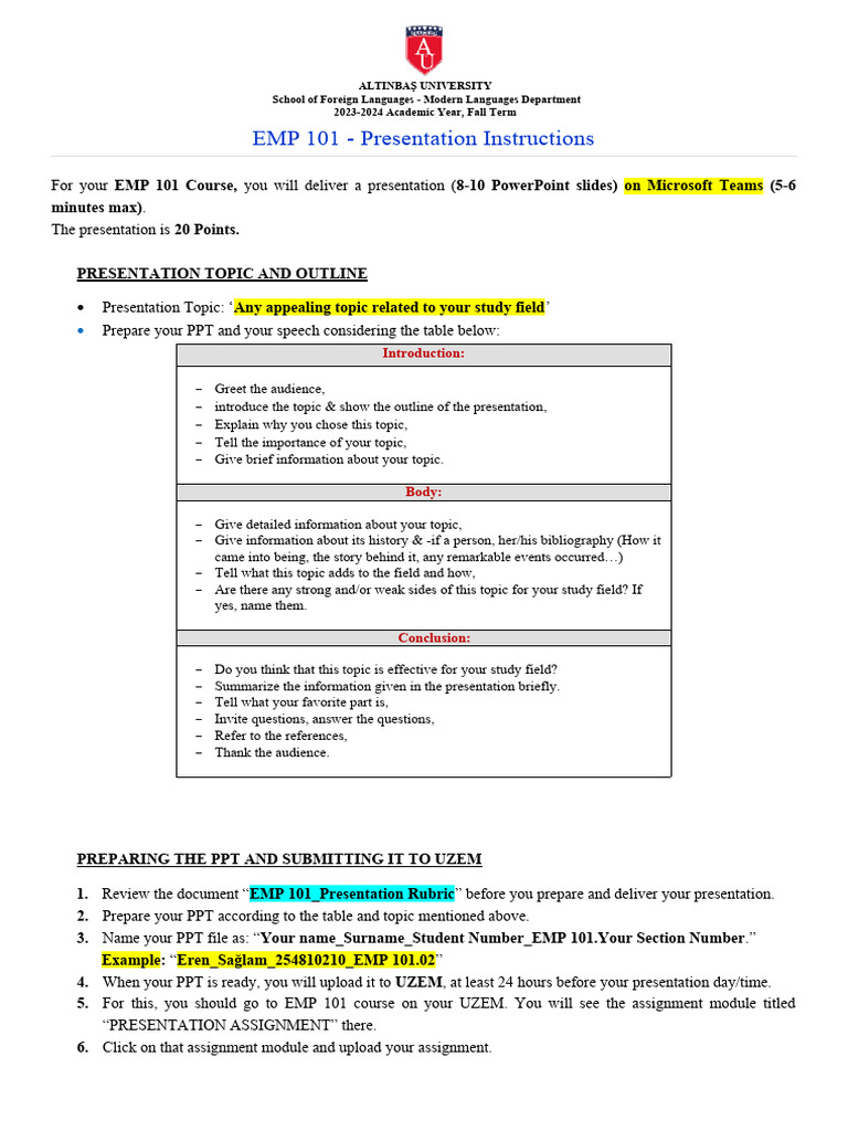 EMP 101 - Presentation Instructions | PDF | Microsoft Power Point ...