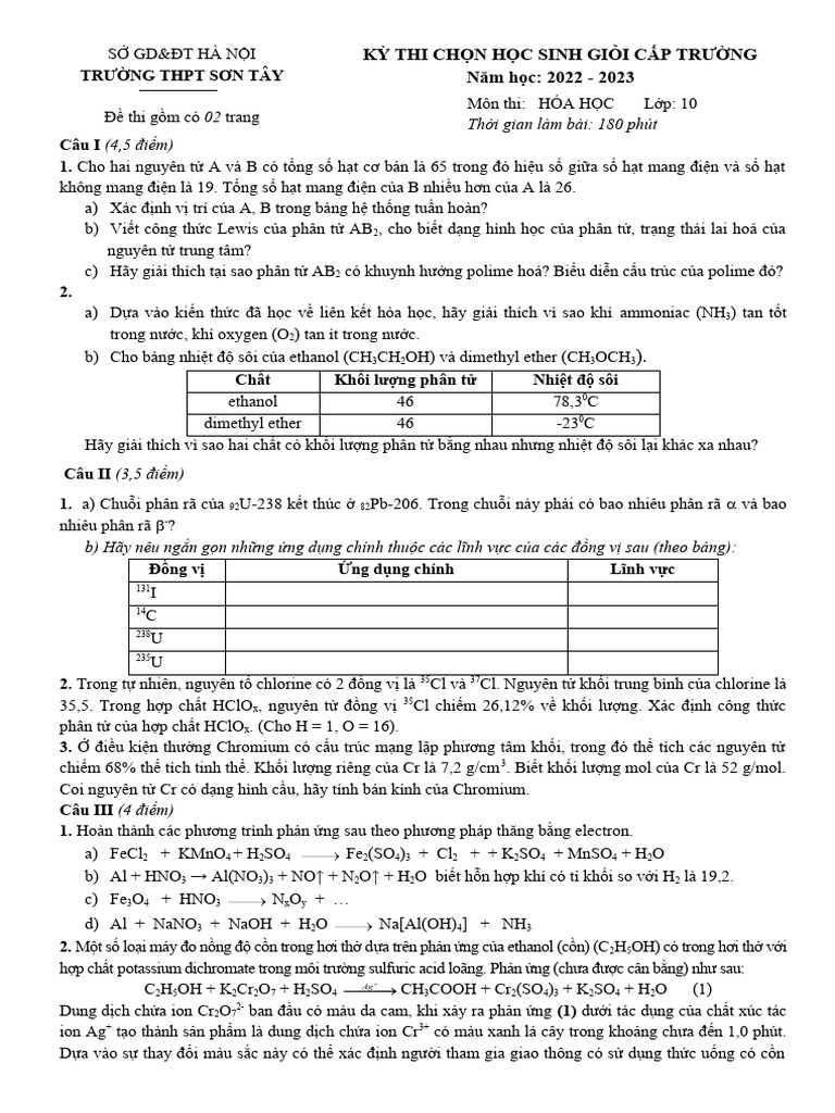 Hoa 10_De thi HSG cap truong nam hoc 2022_2023 | PDF