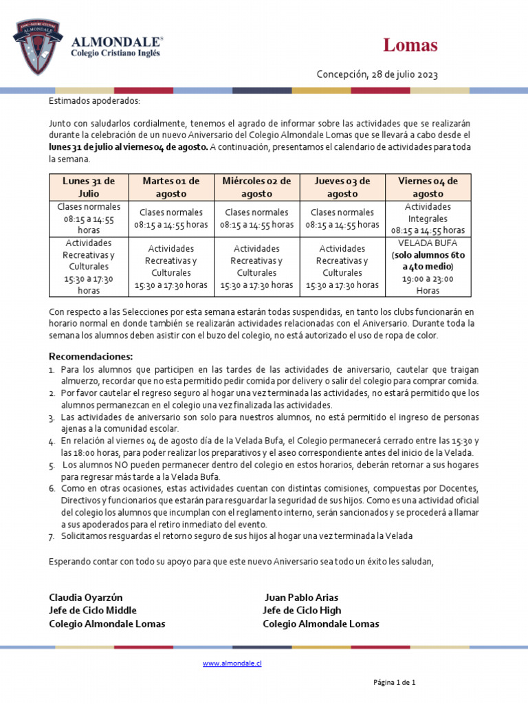 Circular Aniversario 2023 Middle y High | PDF
