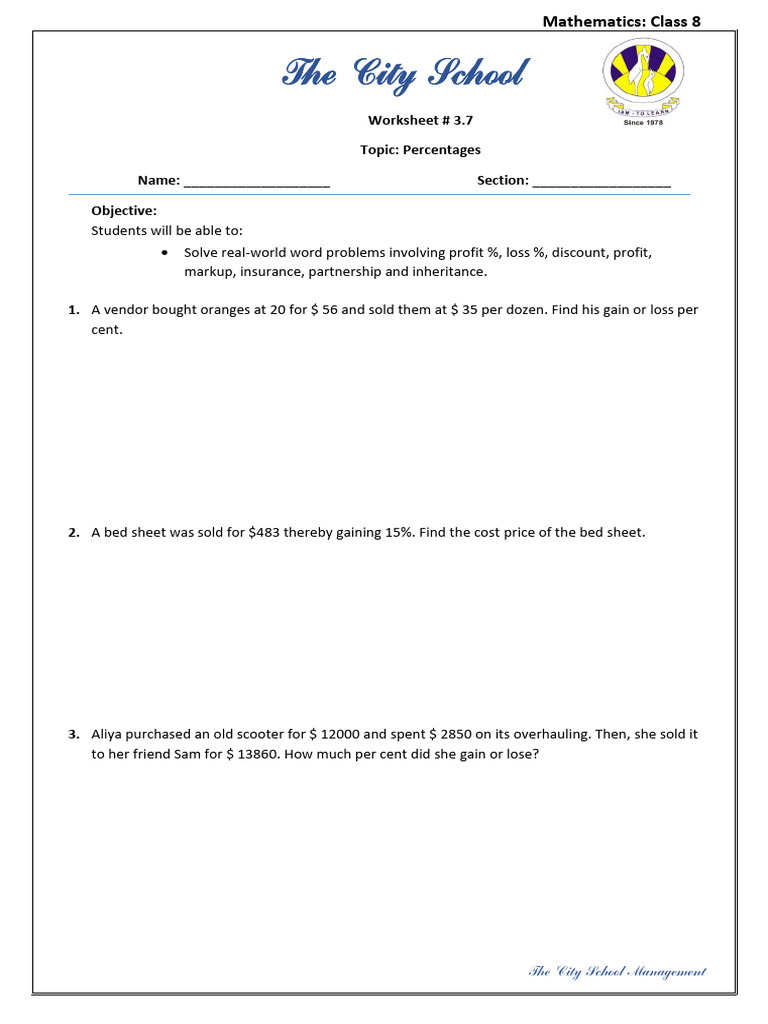 Worksheet 3.7 | PDF | Percentage | Prices