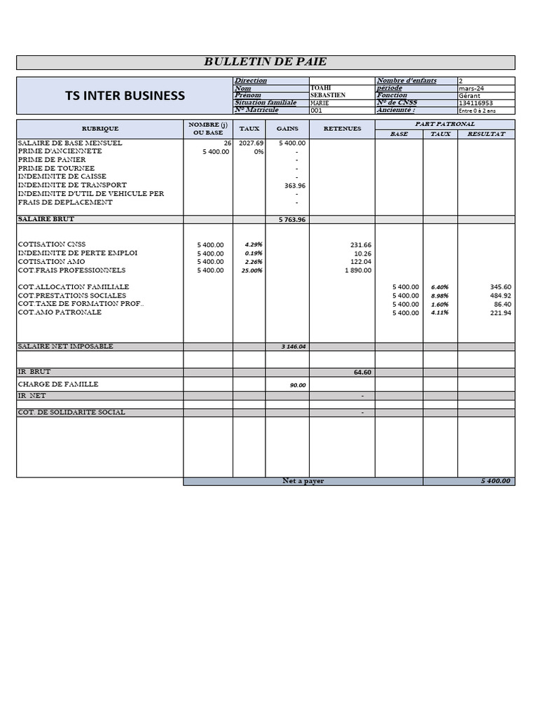 Bulletin de paie Maroc - Mars 2024 | PDF | Bulletin de salaire (droit ...