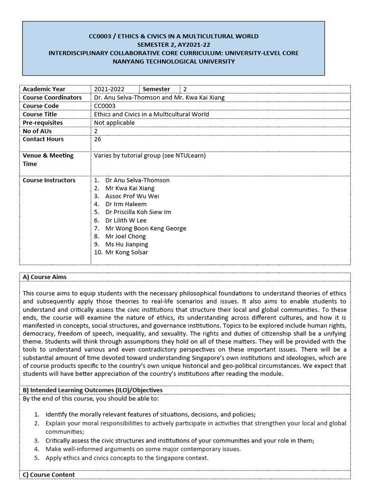 CC0003 AY21 - 22 - Sem 2 - Course Outline - Final (3) - 130122 | PDF | Academic Integrity ...