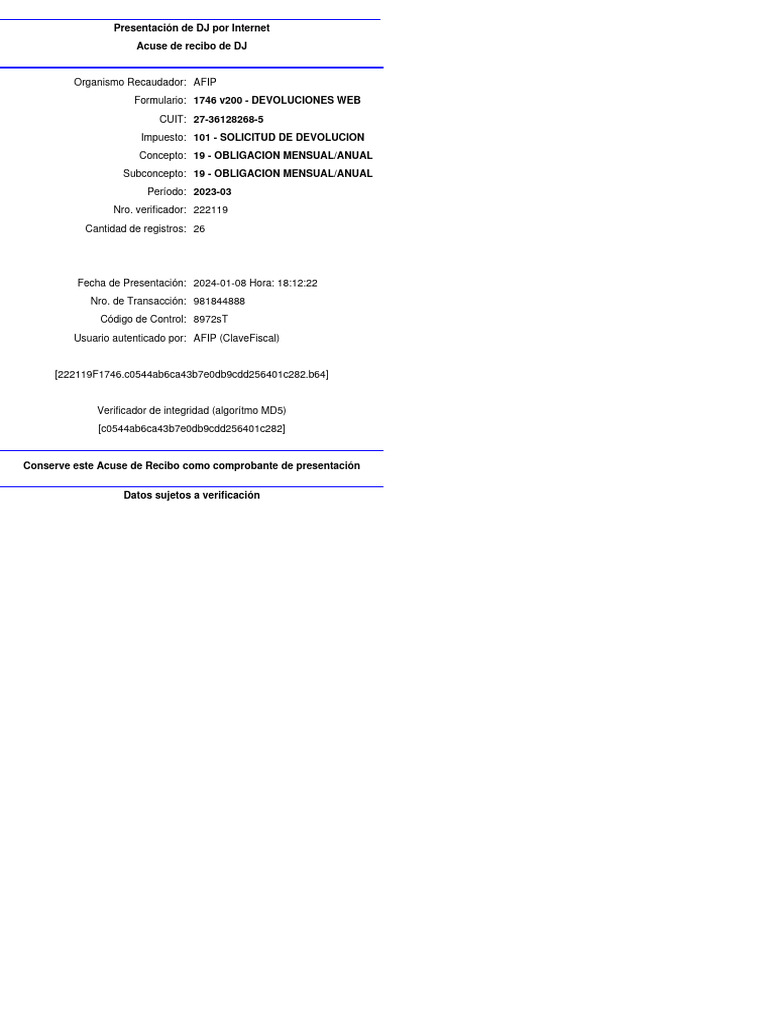 Afip Presentacion Cuit 27361282685 f1746 Nrotransaccion 981844888 | PDF