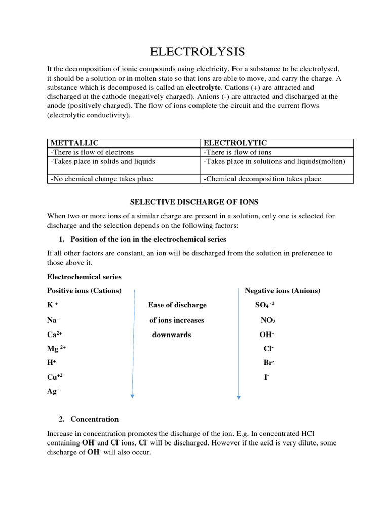 ELECTROLYSIS Notes Separate | PDF | Ion | Anode
