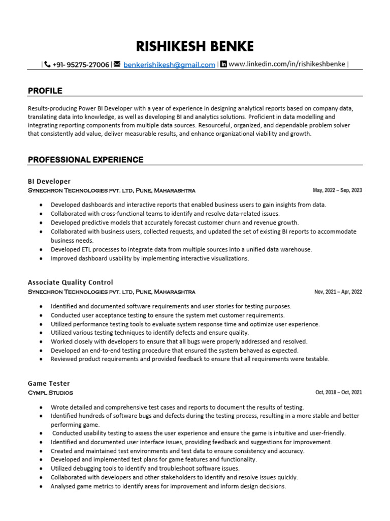 Power BI Developer Resume & Experience | PDF | Usability | Software