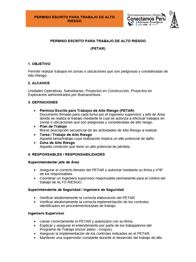 PERMISO ESCRITO PARA TRABAJO DE ALTO RIESGO | PDF