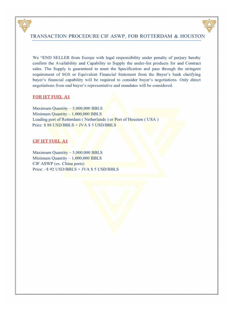 Jet Fuel A1 Cif Aswp, Fob Rotterdam & Houston | PDF