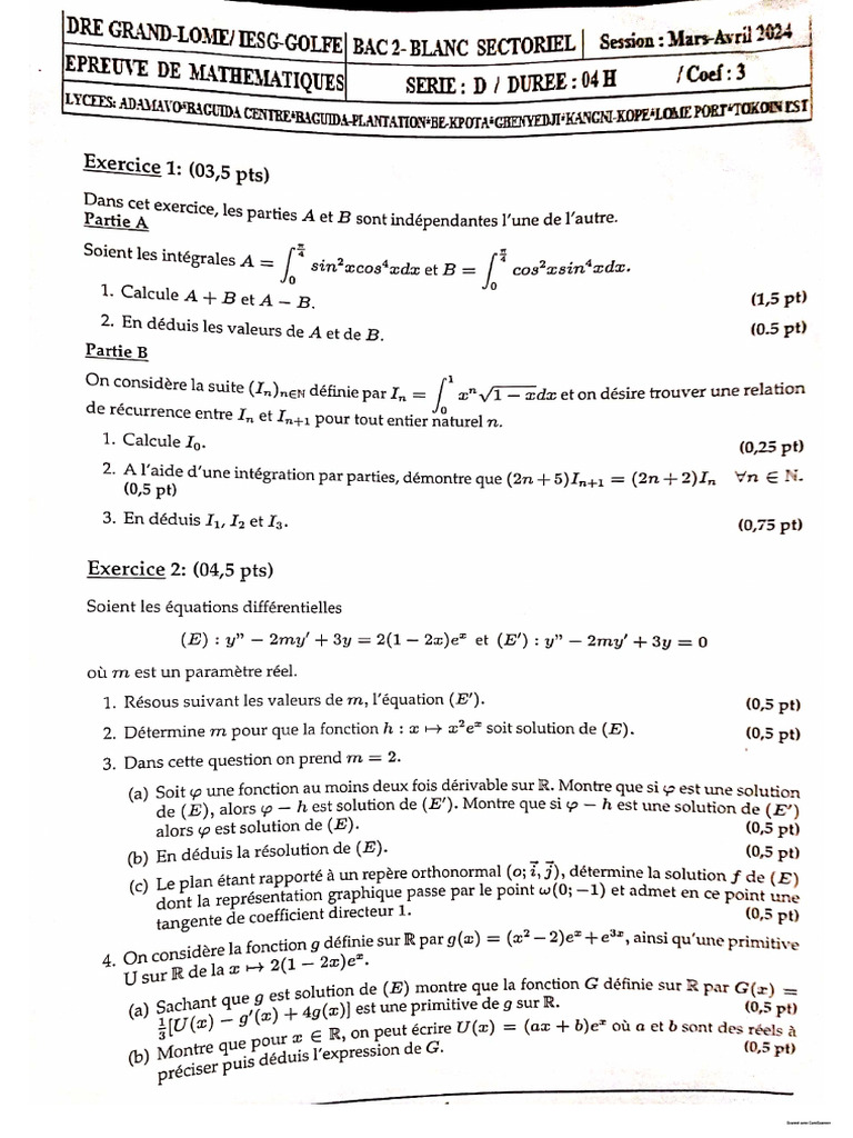 Bac Blanc Math Td 2024 Golfe Lomé Pdf