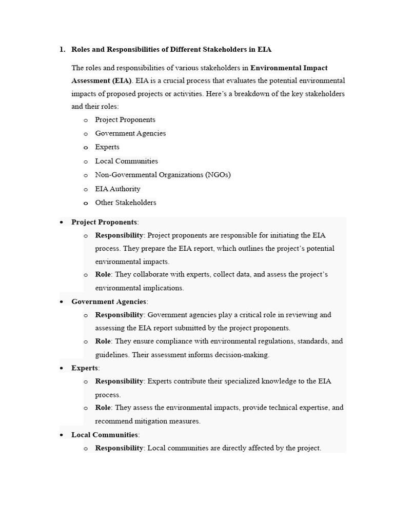 Roles and Responsibilities of Different Stakeholders in EIA | PDF ...