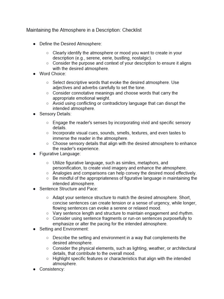 Maintaining the Atmosphere in a Description_ Checklist | Download Free ...