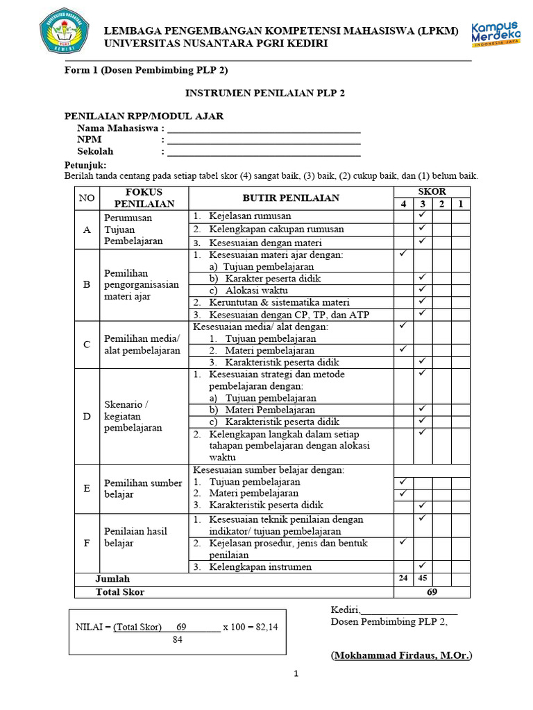 FORM PENILAIAN PLP 2 (Dosen) | PDF