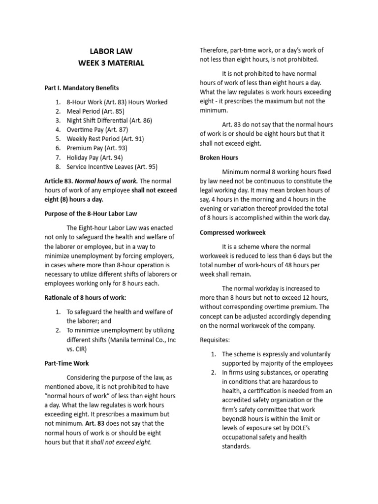 Mandatory Labor Law Benefits Overview | PDF | Overtime | Employment