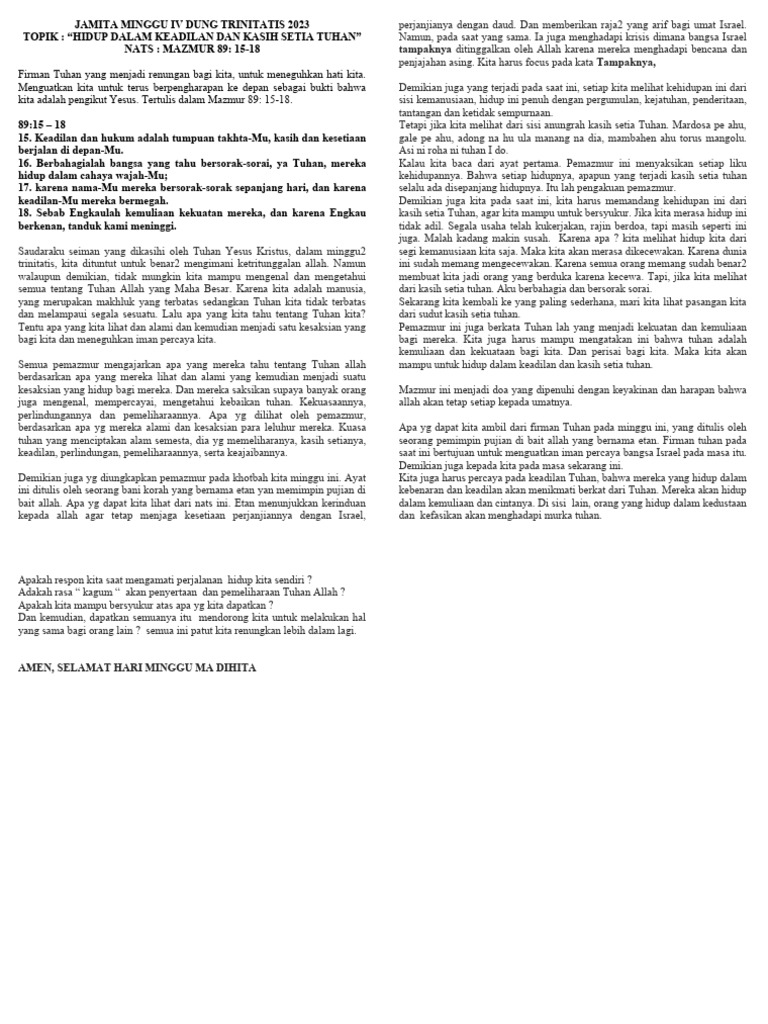JAMITA MINGGU IV DUNG TRINITATIS 2 Juli 2023 | PDF