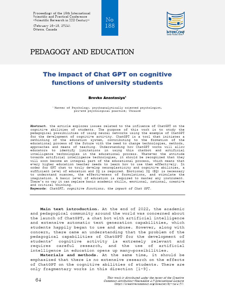 Pedagogy and Education: The Impact of Chat GPT On Cognitive Functions ...