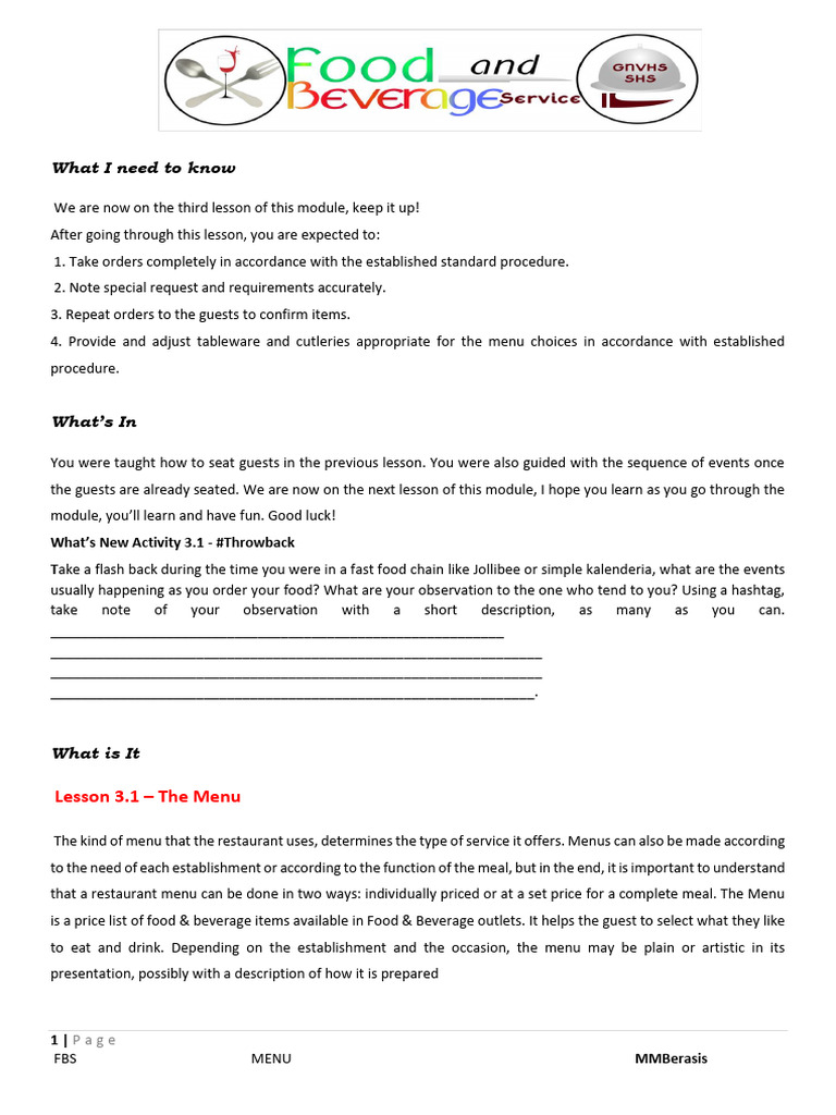 FBS-LAS-6-menu | PDF | Menu | Meal