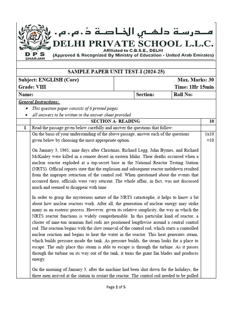Ut1 GR8 Eng SQP 2024-25 | PDF | Nuclear Reactor | Nuclear Energy