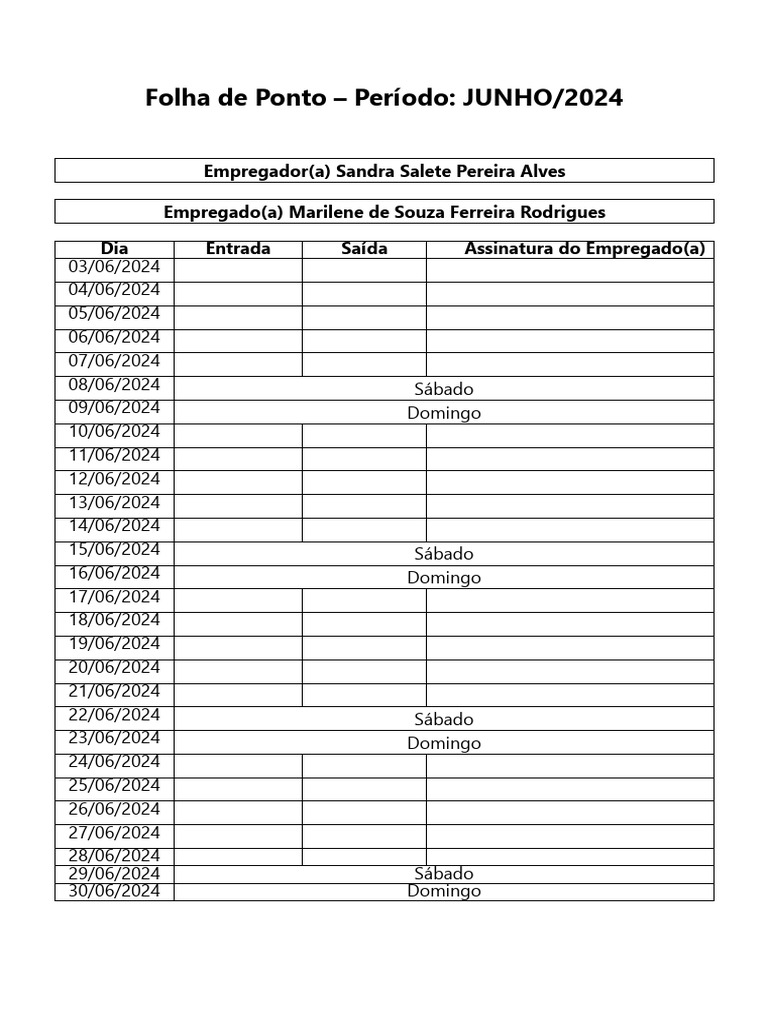 Folha de Ponto JUNHO-2024 - Marilene | PDF