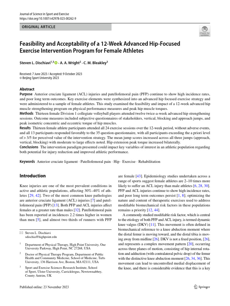 Feasibility and Acceptability of A 12 Week Advanced Hip Focused Exercise Intervention Program ...