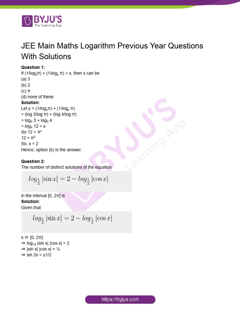 JEE Main Maths Logarithm Previous Year Questions With Solutions | PDF | Logarithm | Arithmetic