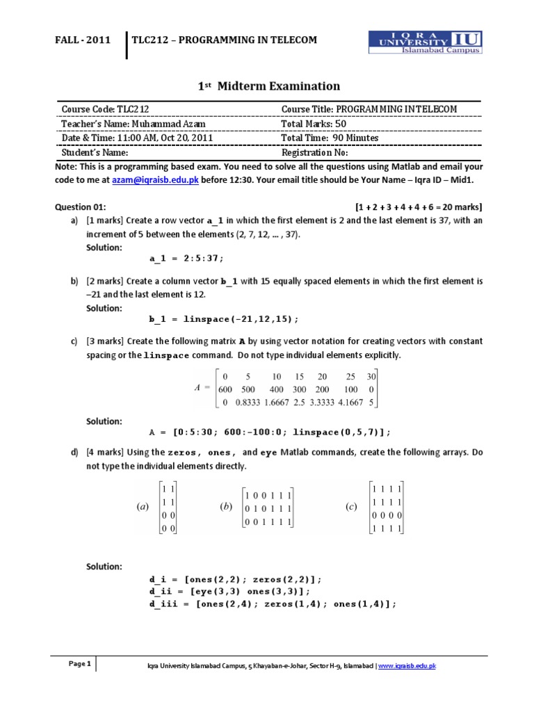 1st Sessional With Solution | PDF | Matrix (Mathematics) | Array Data Structure
