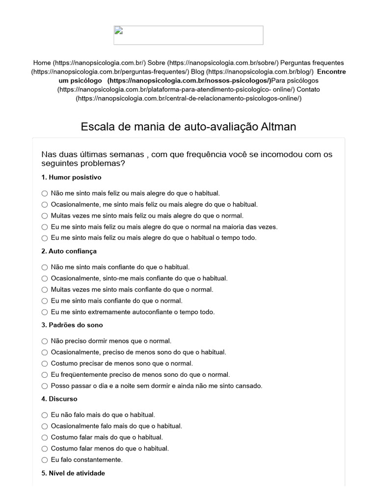 Escala de Mania de Auto-Avaliação Altman Ou Escala Administrada Pelo ...