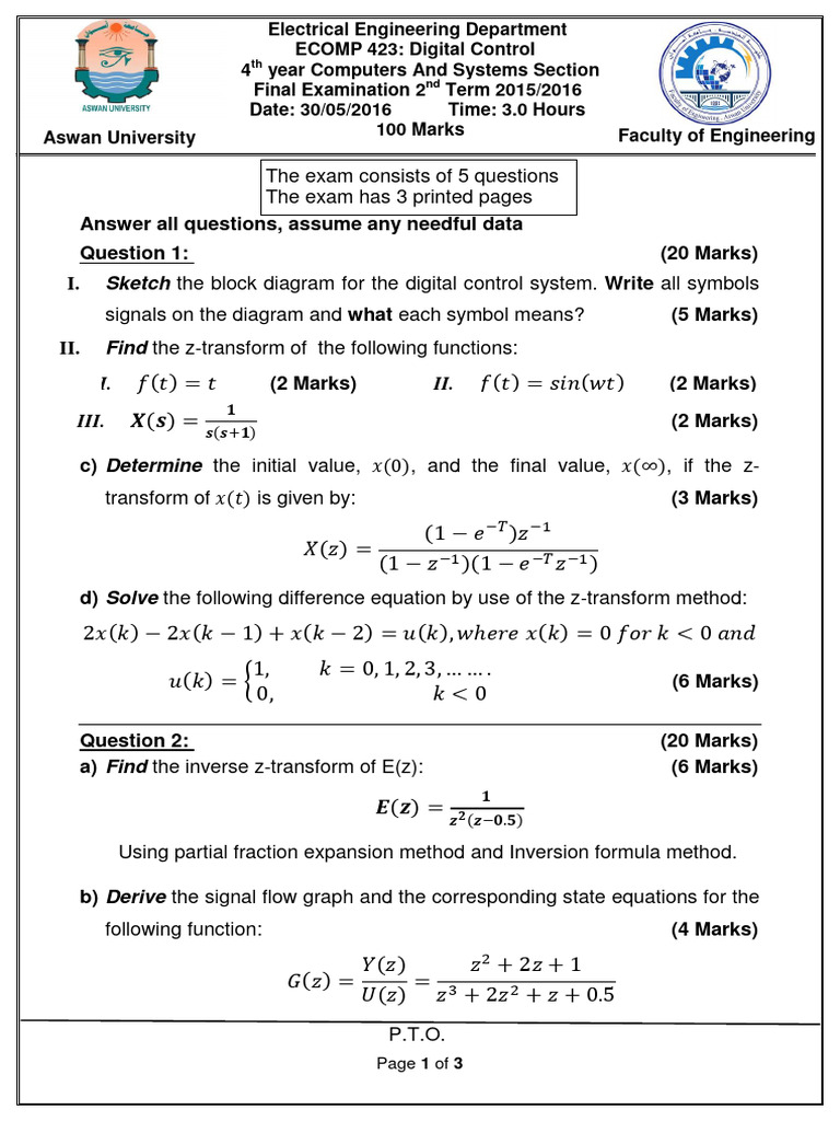 Digital Control Systems Exam 2016 | PDF | Applied Mathematics | Computer Engineering