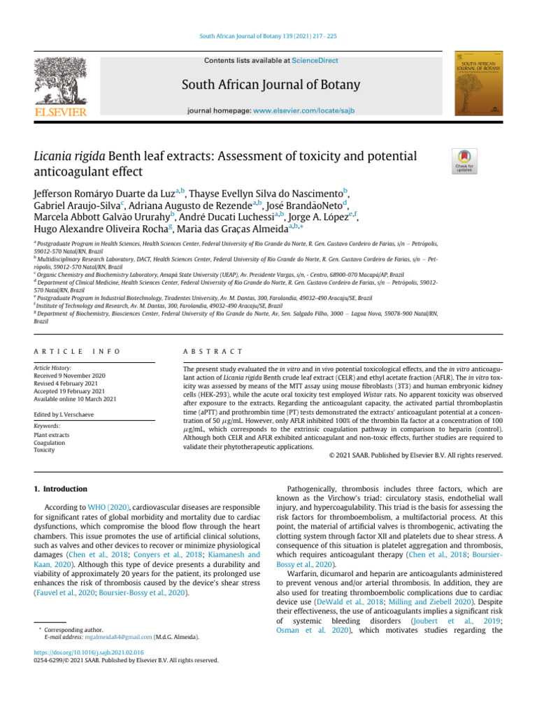 Licania Rigida Benth Leaf Extracts - Assessment of Toxicity and Potential Anticoagulant Effect ...