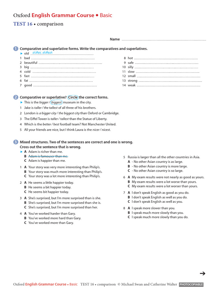 Comparative and Superlative Grammar Test | PDF