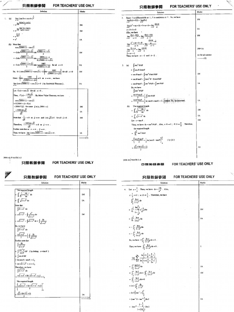AL Pure Mathematics 2004 Paper 2 Marking Scheme | PDF