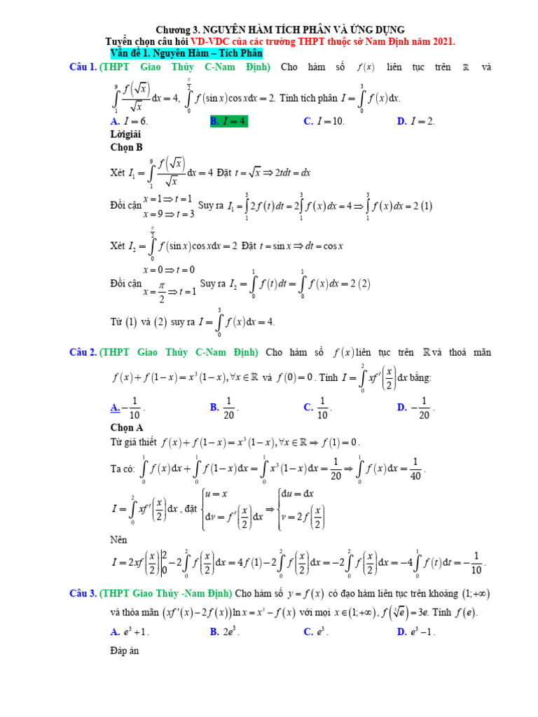 (NBV) -VD-VDC Tích phân-Sở Nam Định 2021-đáp án | PDF