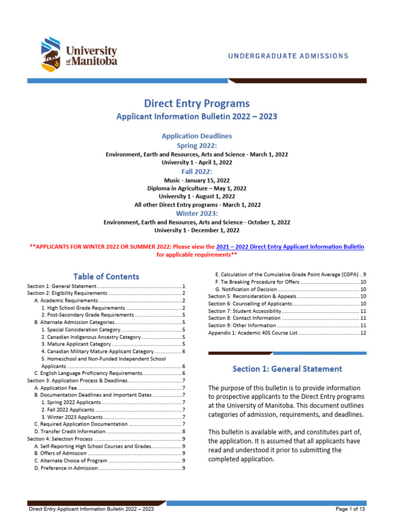 Direct Entry Programs Applicant Guide 2022-23 | PDF | University And ...