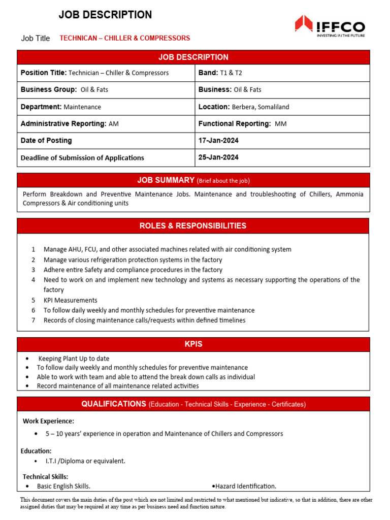 JD - Operator - Chiller & Compressors | PDF | Air Conditioning