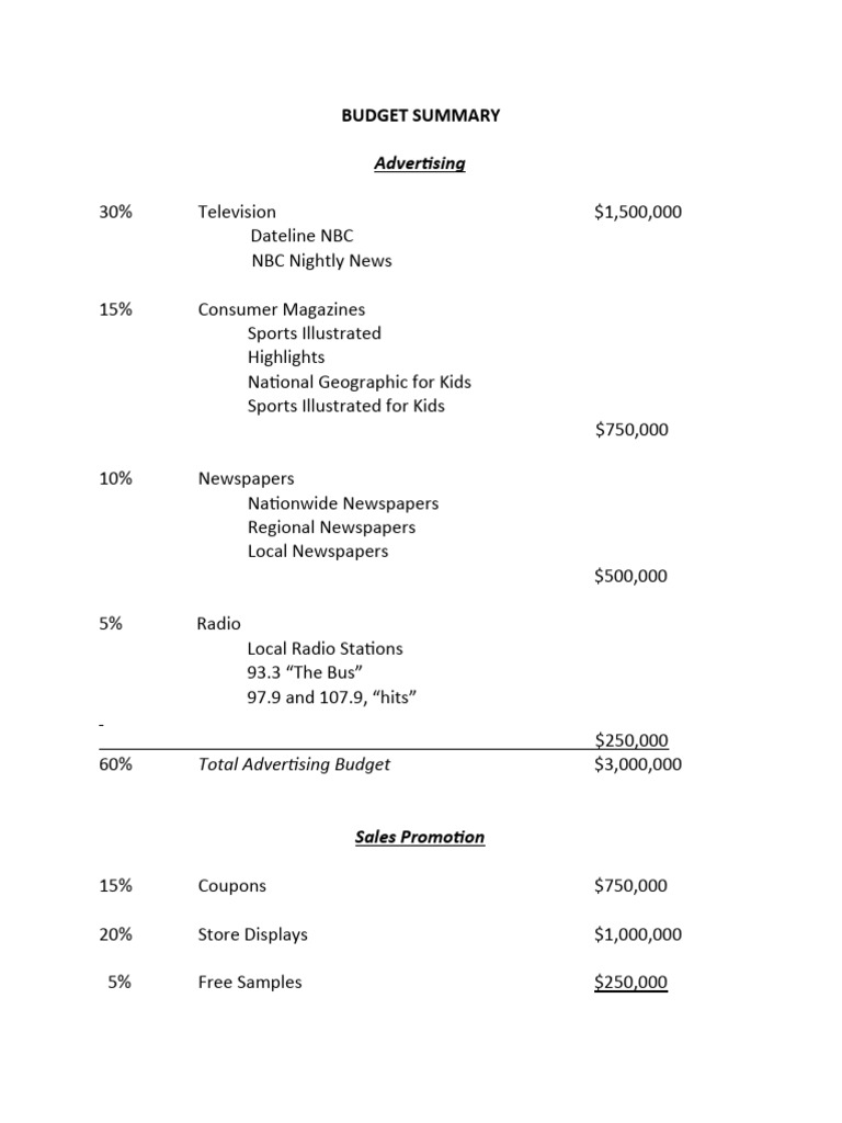 Marketing Plan: Budget Summary | PDF