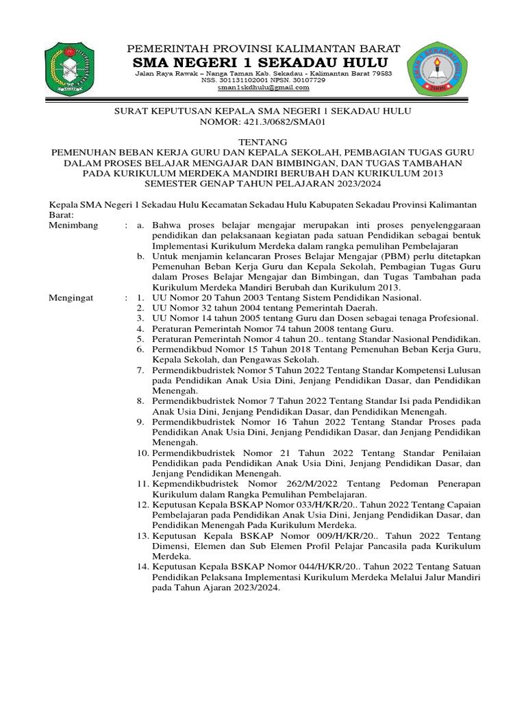 SK Pembagian Tugas Mengajar Sms Genap 2023-2024 | PDF