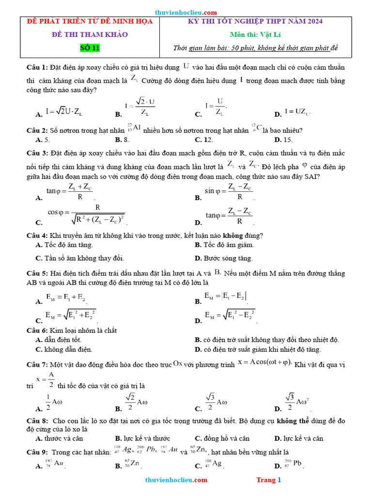 Thuvienhoclieu.com de Thi Thu TN THPT 2024 Vat Li Phat Trien Tu de Minh Hoa de 11 | PDF