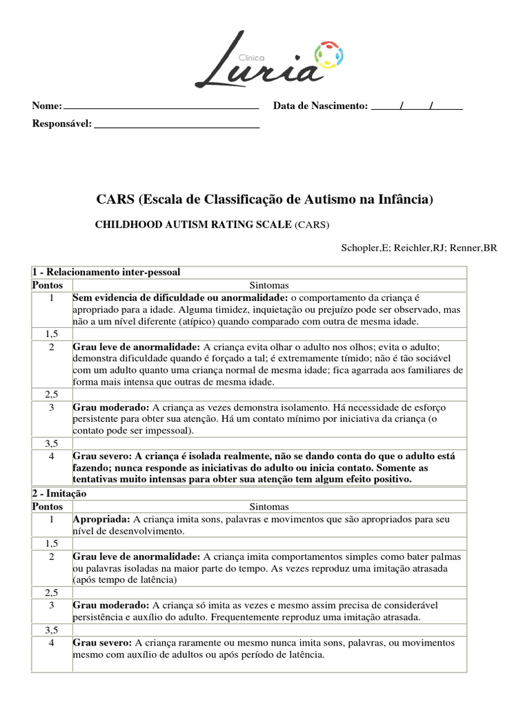 Escala CARS: Avaliação do Autismo Infantil | PDF | Espectro do autismo ...
