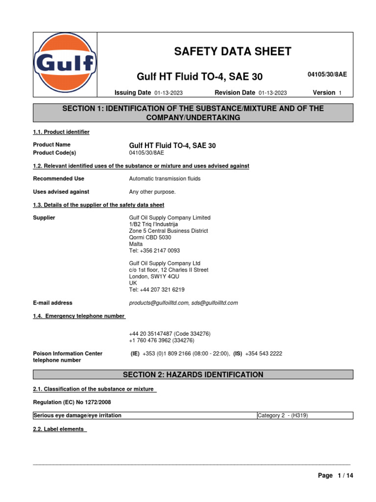 Gulf HT Fluid TO-4, SAE 30 Safety Data | PDF | Dangerous Goods | Toxicity