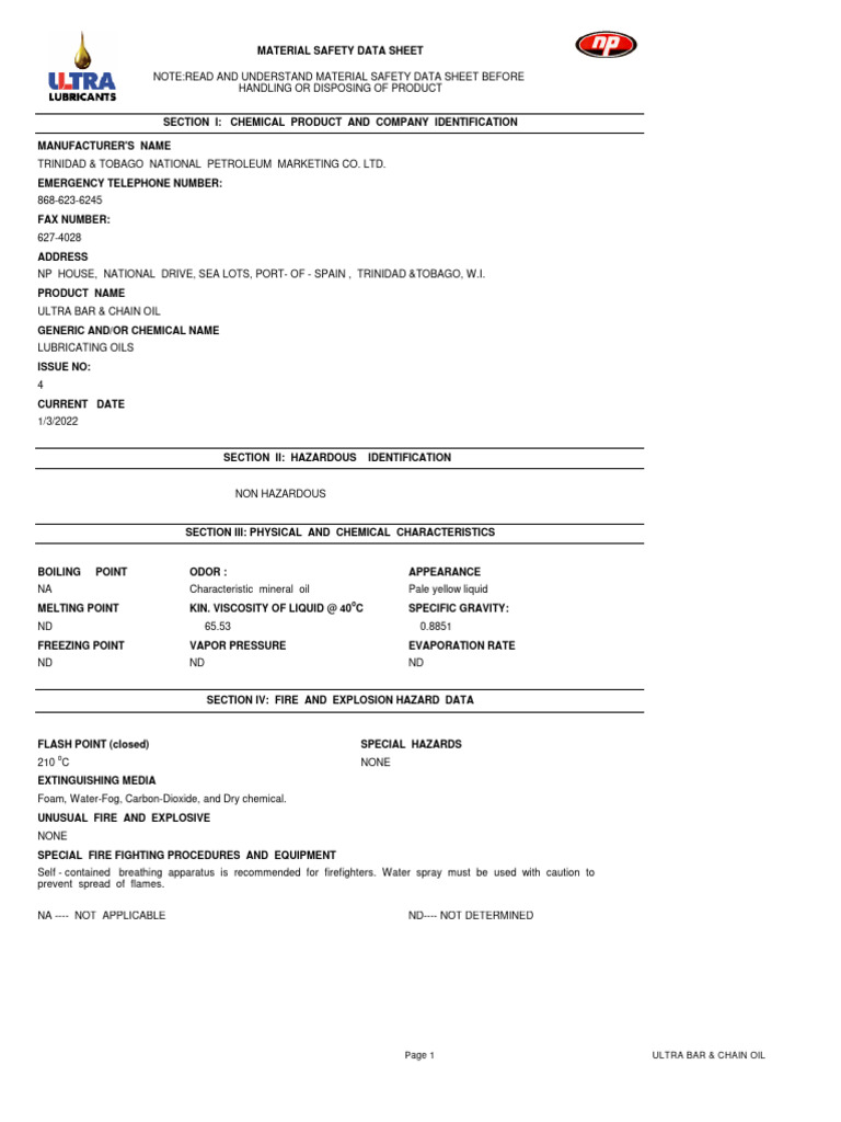 Sds Ultra Bar Chain Oil | PDF | Fires | Water