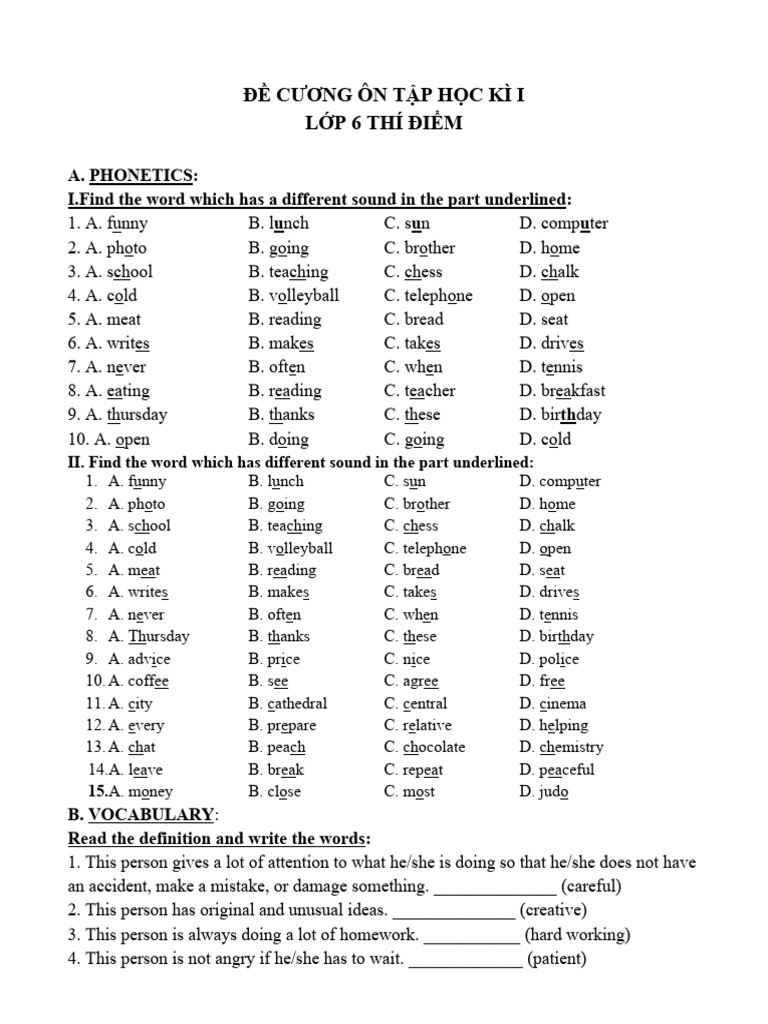 De Cuong On Tap Tieng Anh Lop 6 Thi Diem Ki 1 | PDF