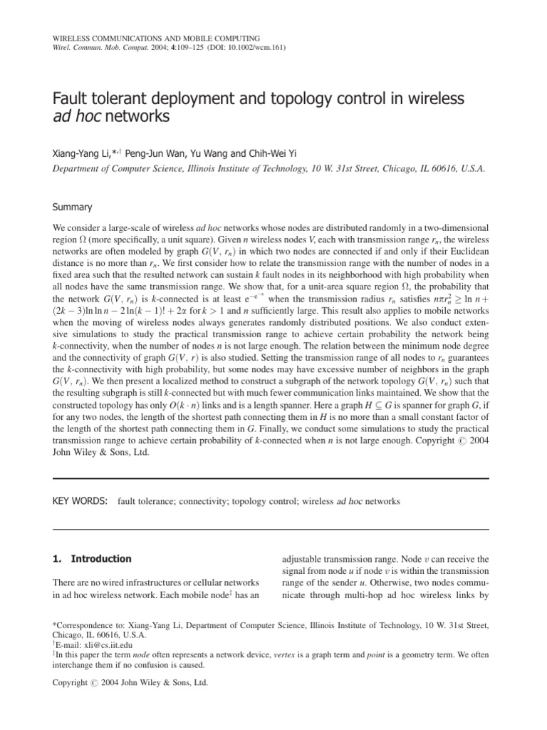 Fault Tolerant Deployment and Topology Control in Wireless Ad Hoc Networks | PDF | Computer ...