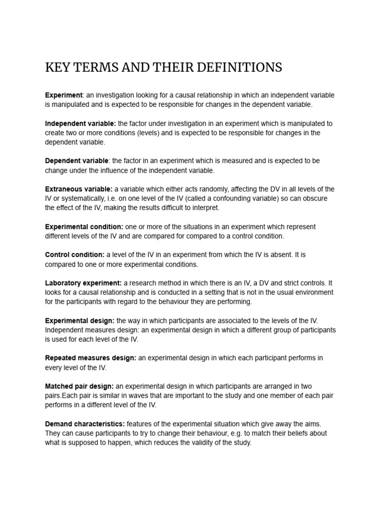 Key Terms and Their Definitions | PDF | Experiment | Validity (Statistics)