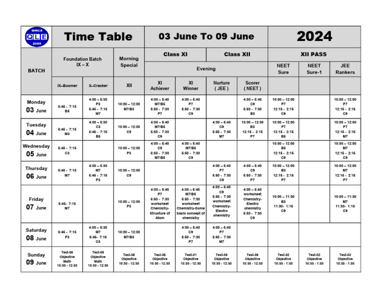 New Batch Time Table 3rd June - 9th June 2024 | PDF