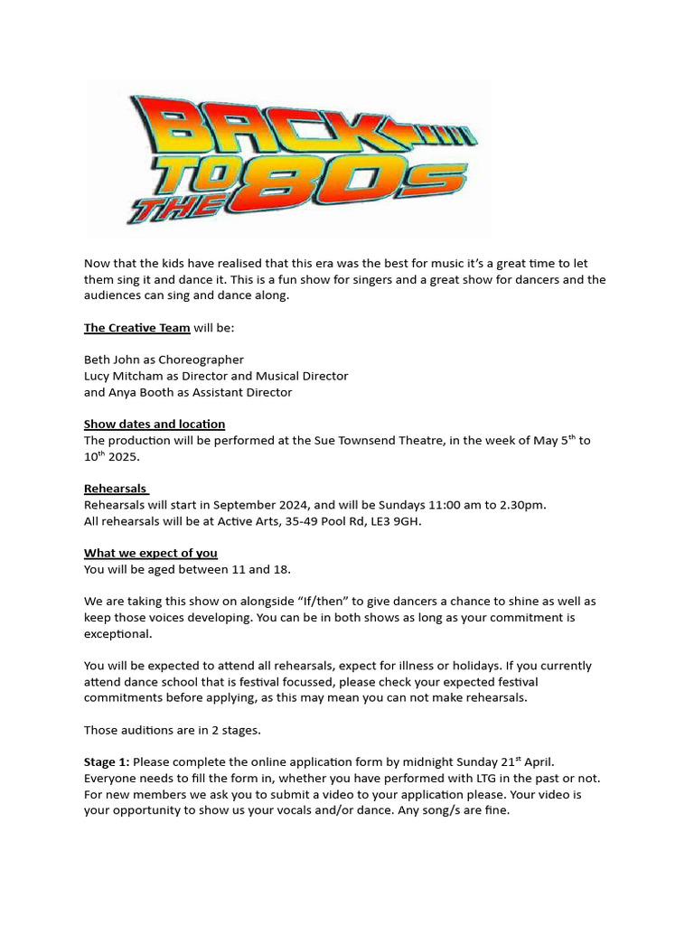 Back To The 80s Audition Info 6 | PDF | Audition | Performing Arts
