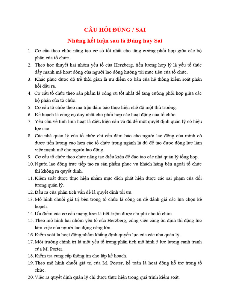 câu hỏi đúng sai QLH | PDF