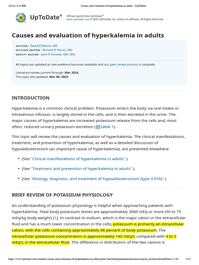 Causes and Evaluation of Hyperkalemia in Adults - UpToDate | PDF | Hyperglycemia | Kidney