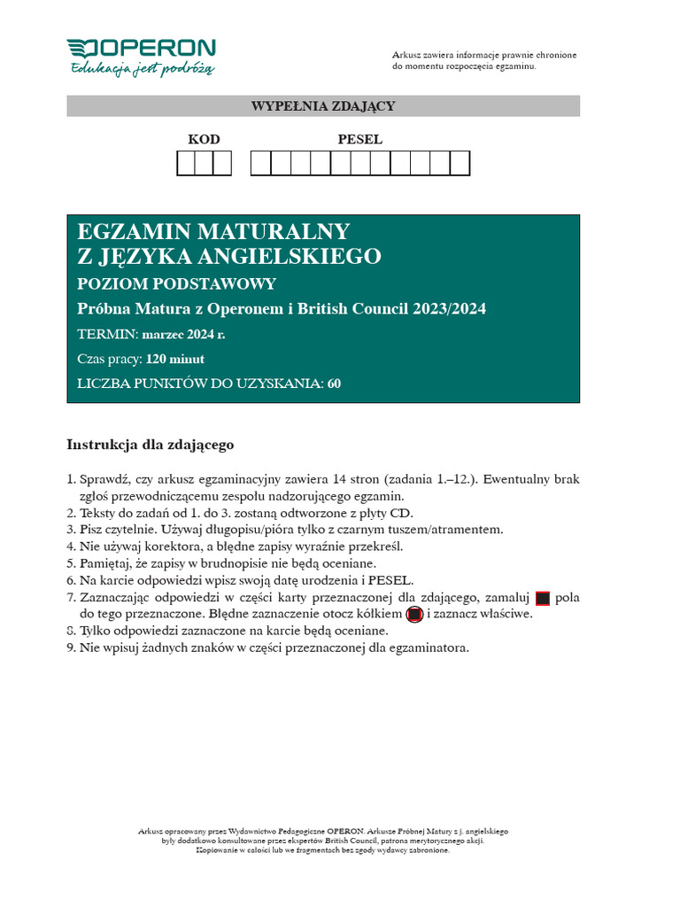 N8202-Matura-2023 2024-J Angielski PP Arkusz | PDF