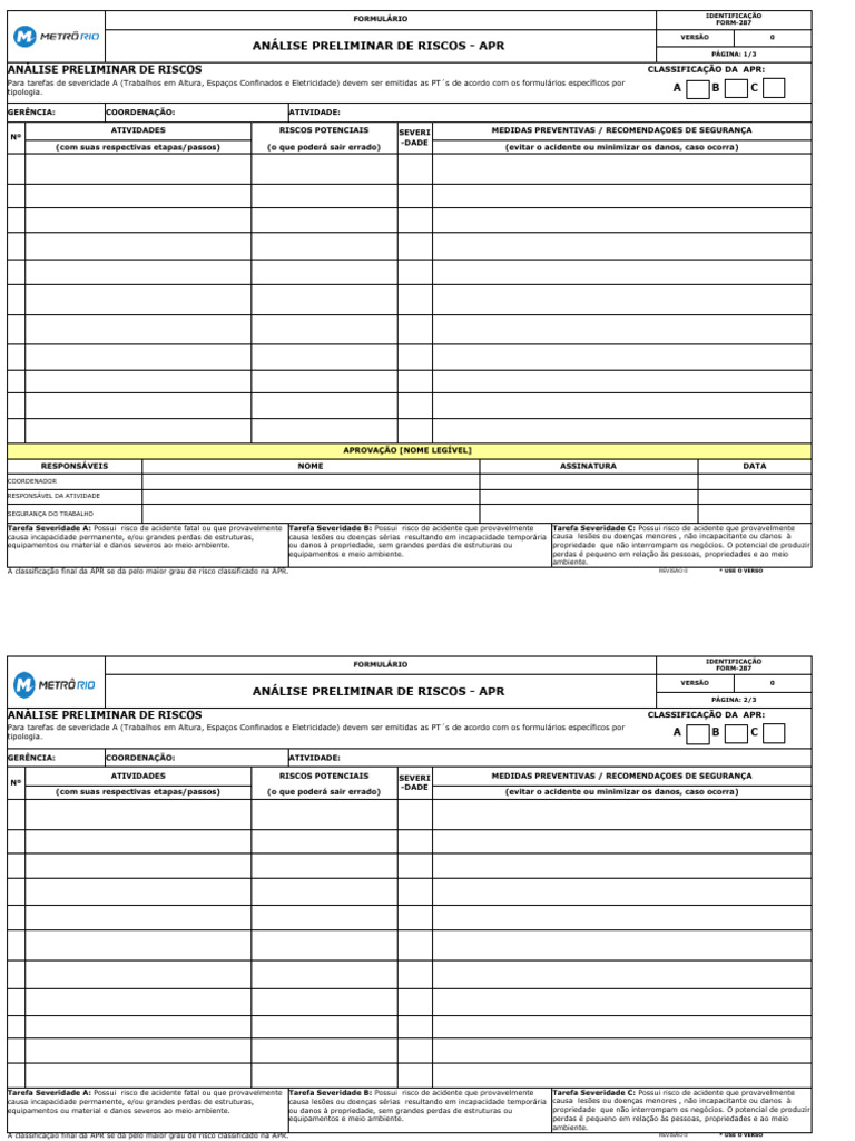 FORM-287-ANÁLISE PRELIMINAR DE RISCOS - APR | PDF